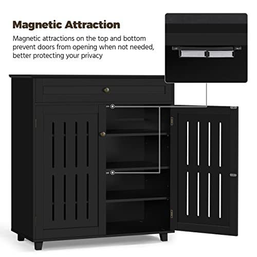 Topeakmart Wood Shoe Cabinet, Floor Storage Container with 4 Storage Shelves for Entryway Bathroom Living Room, Black