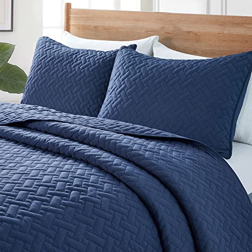 Peace nest 3 Piece Quilted Coverlet Set with Pillow Shams, All Season Bedspread Bed Cover Full/Queen Size Lightweight, Navy Blue((90"X90")