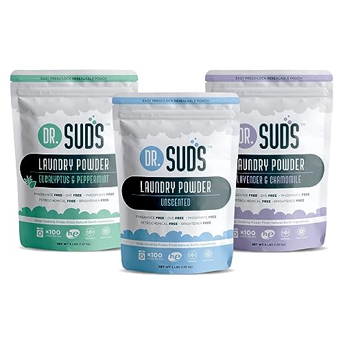 Dr Suds Laundry Powder Variety Bundle 3 Pack 192 Ounces Total Three 64 Oz Pouches Scented with Lavender and Eucalyptus Plus Unscented Variant Made in USA