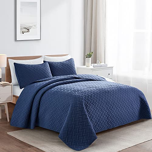 Peace nest 3 Piece Quilted Coverlet Set with Pillow Shams, All Season Bedspread Bed Cover Full/Queen Size Lightweight, Navy Blue((90"X90")