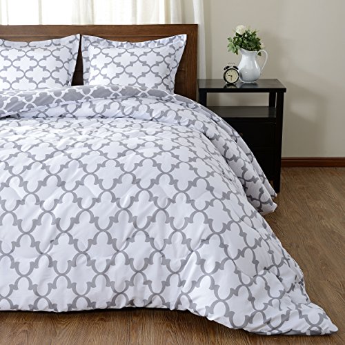 downluxe Lightweight Printed Comforter Set (King,Grey) with 2 Pillow Shams - 3-Piece Set - Down Alternative Reversible Comforter
