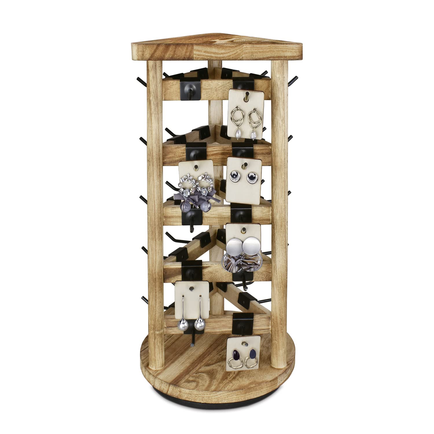Ikee Design Wooden Rotating Jewelry Display Stand Tower With 30 Removable Hooks,Spinning Earring Card Storage Display Holder Stand for Store,Showcase,Tradeshow and Home,Oak Color