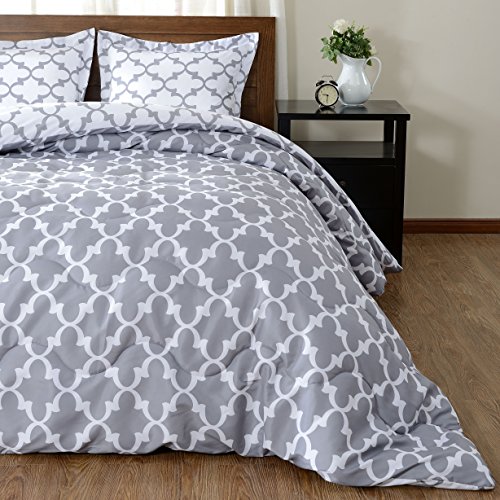 downluxe Lightweight Printed Comforter Set (King,Grey) with 2 Pillow Shams - 3-Piece Set - Down Alternative Reversible Comforter