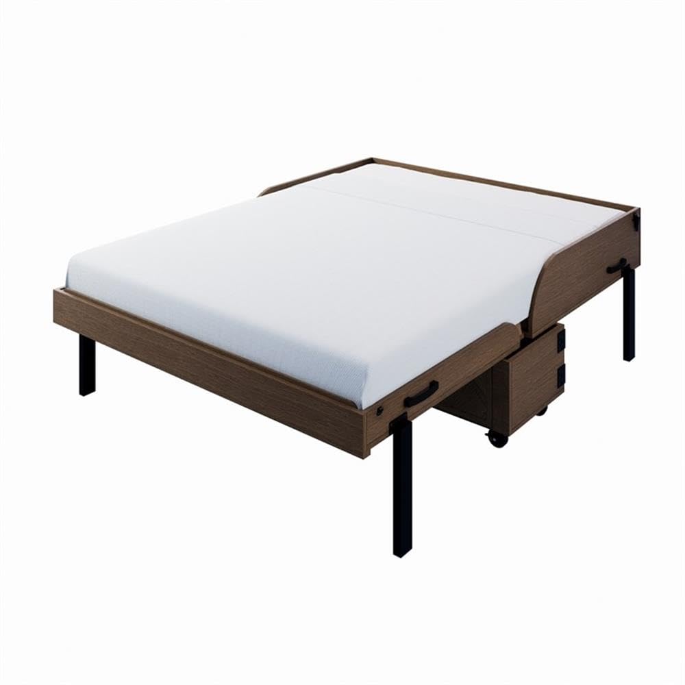 RoomAndLoft Queen Size Mobile Murphy Cabinet Bed in Solid Wood, in Brown, No Box Spring Needed, Pre-Assembled