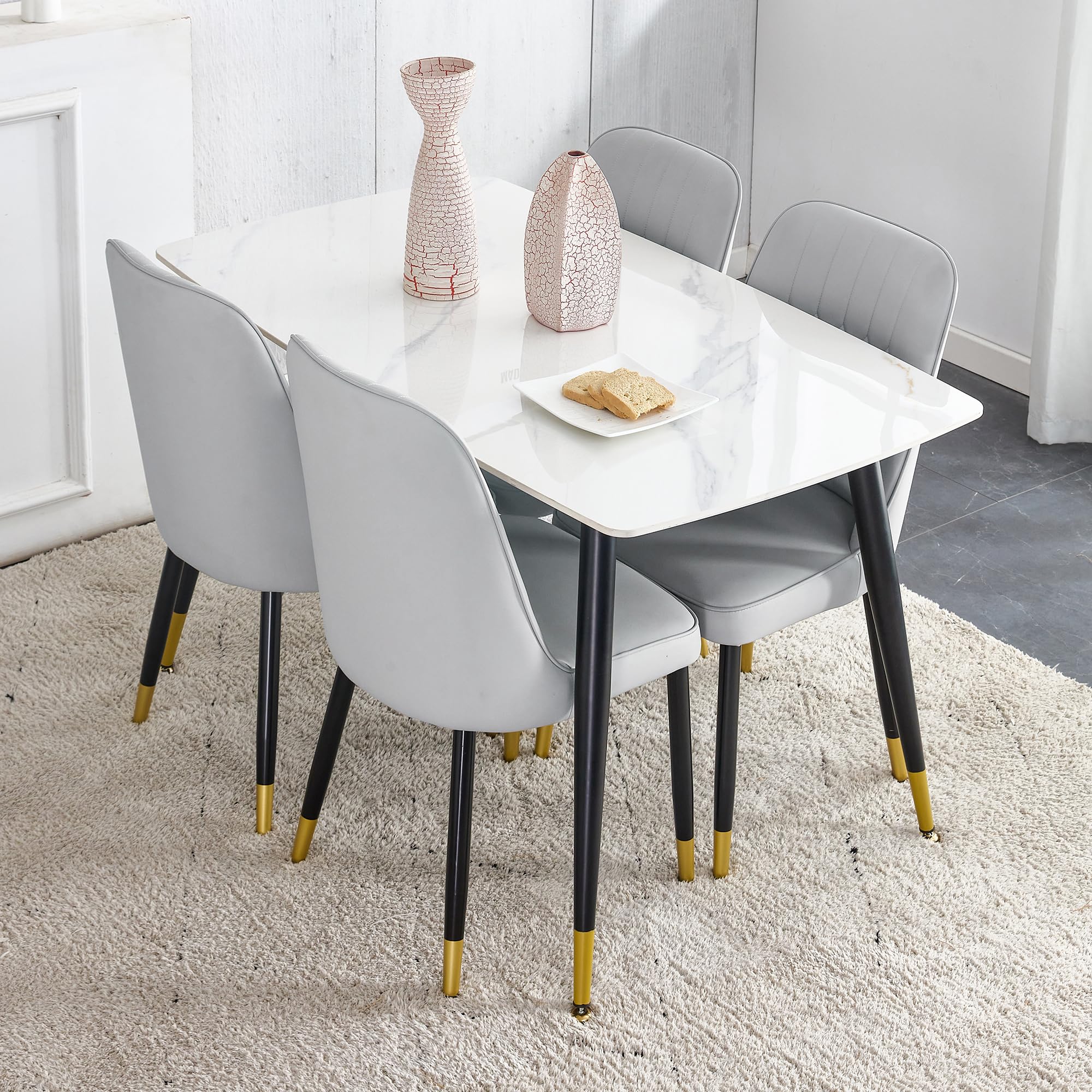 Ginxesh 5 Piece Dining Table Set,Faux Marble Dining Table Set for 4,White Imitation Marble Pattern Dinner Table and White PU Leather Upholstered Kitchen Chairs for Living Room