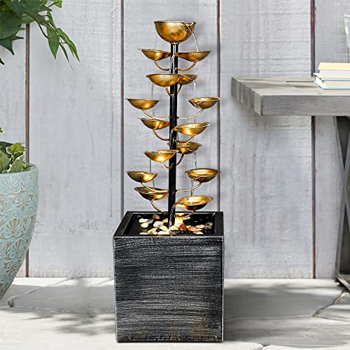 SunJet 31.1inches Modern Metal Water Fountain, Multi-Tier Floor-Standing Water Fountain Cascading Fountain with Lights & Rocks for Indoor/Outdoor Art Decor