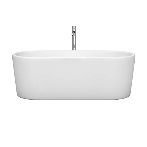 Ursula 67 inch Freestanding Bathtub in White with Floor Mounted Faucet, Drain and Overflow Trim in Polished Chrome