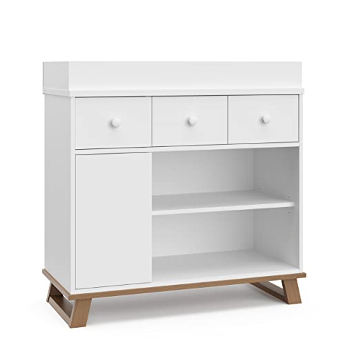 Storkcraft Modern Nursery Changing Table Combo Dresser (White with Vintage Driftwood) β Removable Changing Table Topper Fits Standard-Size Baby Changing Pad, 2 Drawers, 1 Cabinet, Storage Shelves