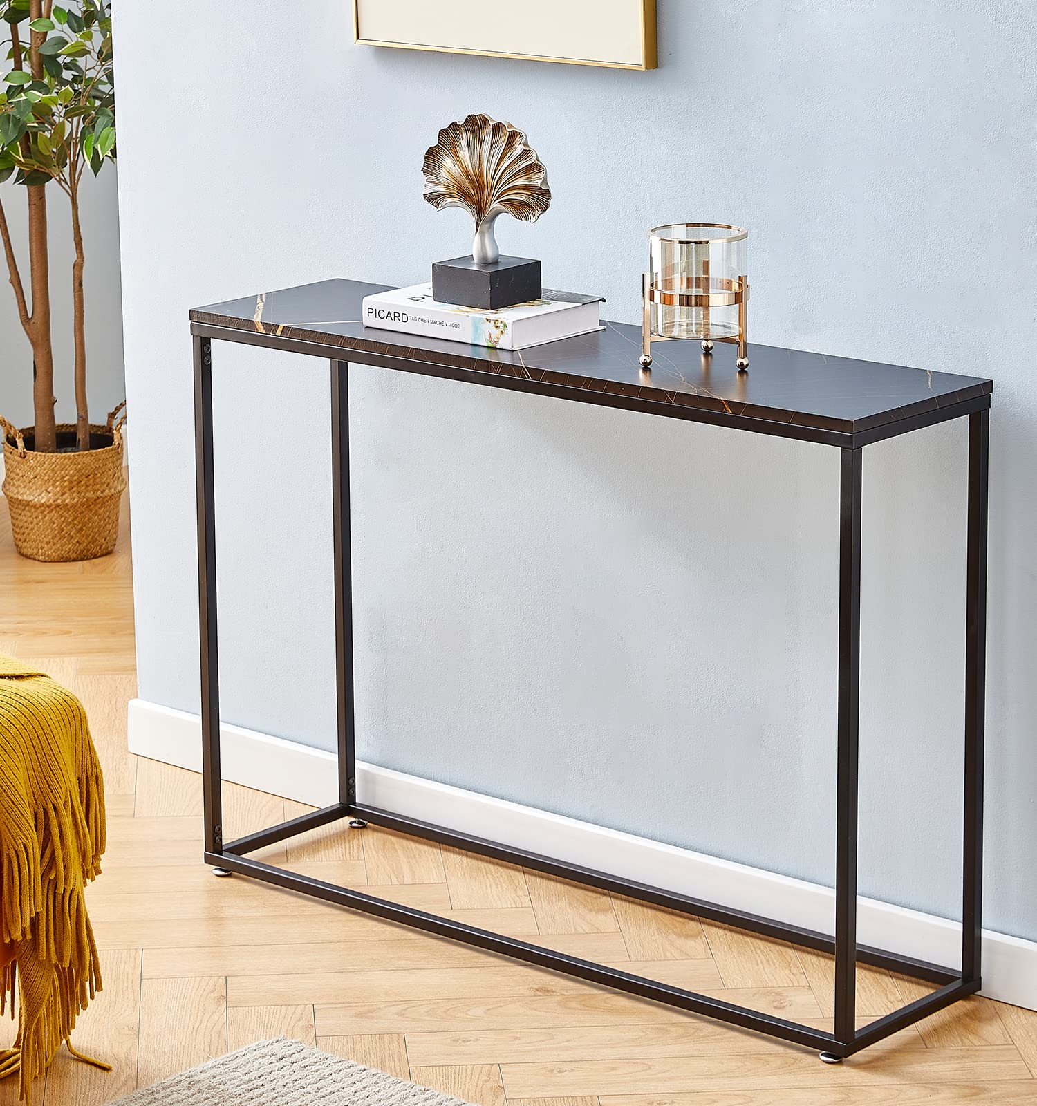 Faux Marble Console Table for Entryway, Modern Sofa Table for Living Room, Marble Entryway Table, Dining Room Bar Table, Display Table for Bedroom, Black Metal Frame (All Black)