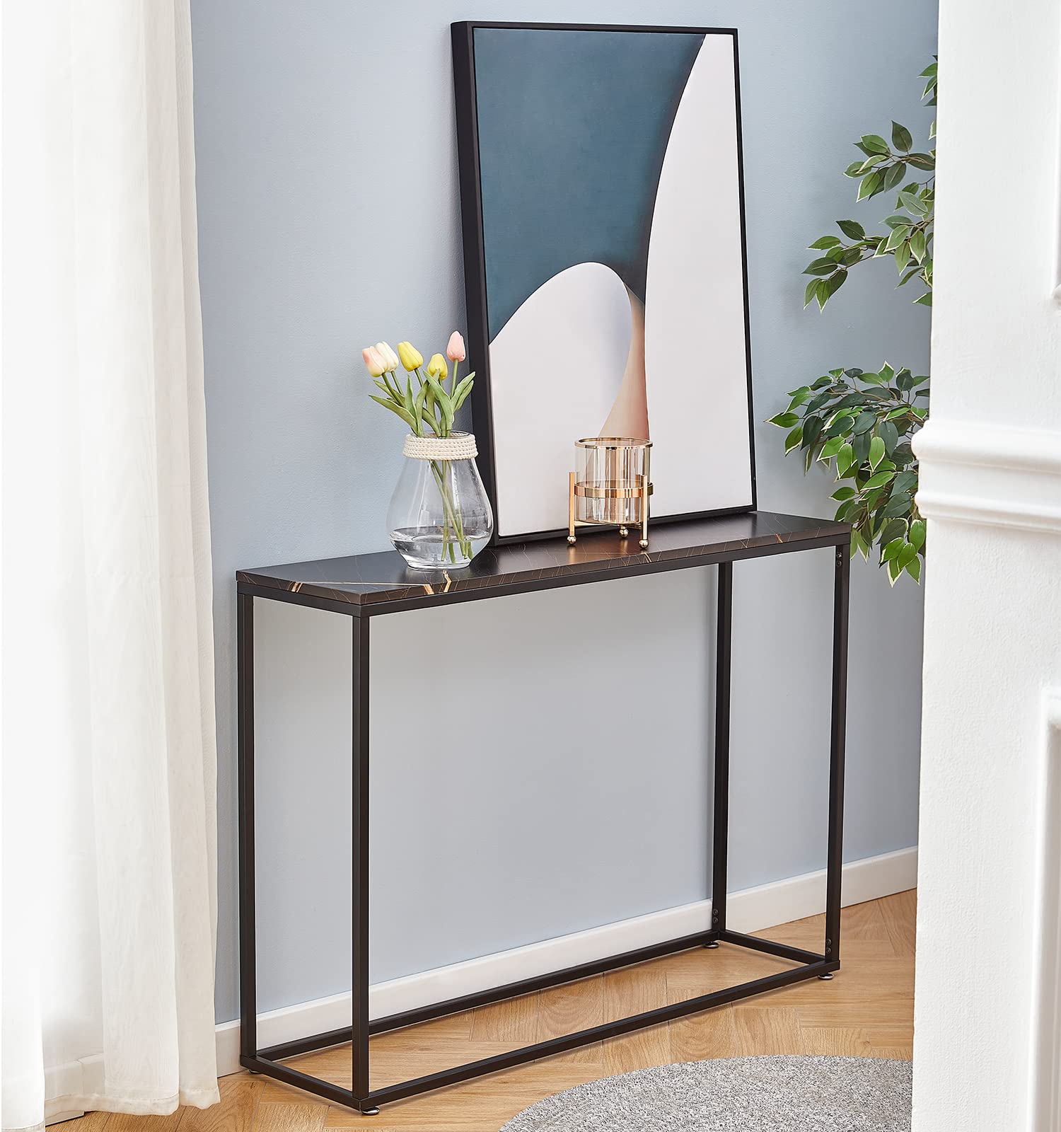 Faux Marble Console Table for Entryway, Modern Sofa Table for Living Room, Marble Entryway Table, Dining Room Bar Table, Display Table for Bedroom, Black Metal Frame (All Black)