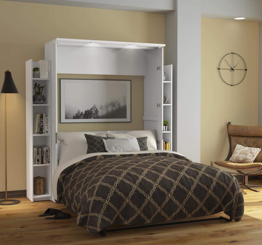Bestar Lumina Full Murphy Bed with Shelves, Sleeping Arrangement with Storage, White