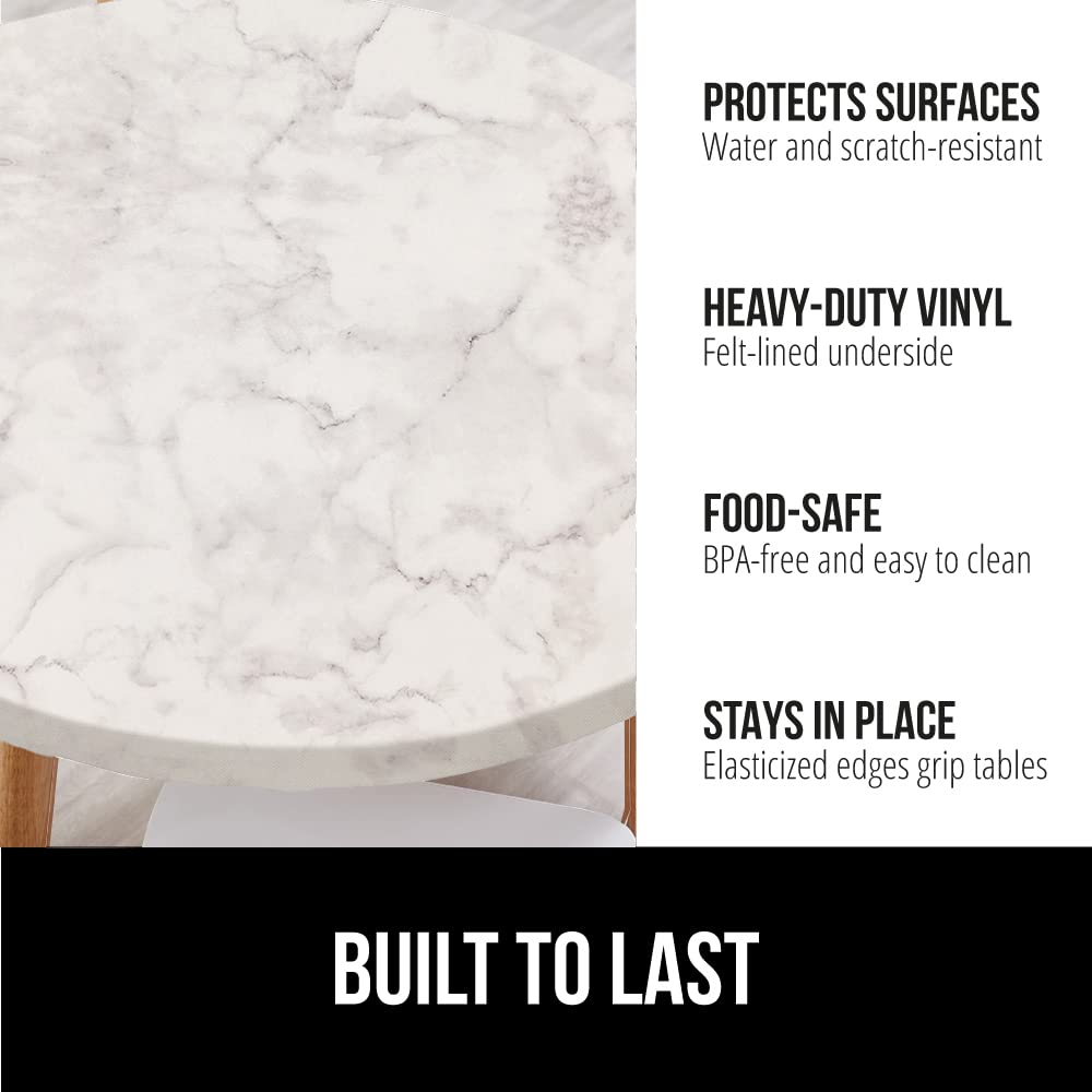 Gorilla Grip Vinyl Round Tablecloth, Fitted Elastic Edge Cover, Fade and Stain Resistant Table Cloths, Spill Proof Linen Covers for Indoor Dining, Outdoor Picnic Parties, Camping, 56" Marble White