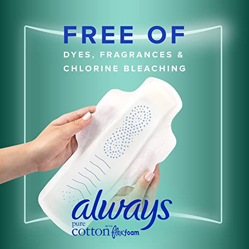 Always Pure Cotton, Feminine Pads for Women, Size 4 Overnight Absorbency, Multipack, with Flexfoam, with Wings, Unscented, 20 Count x 3 Packs (60 Count total)