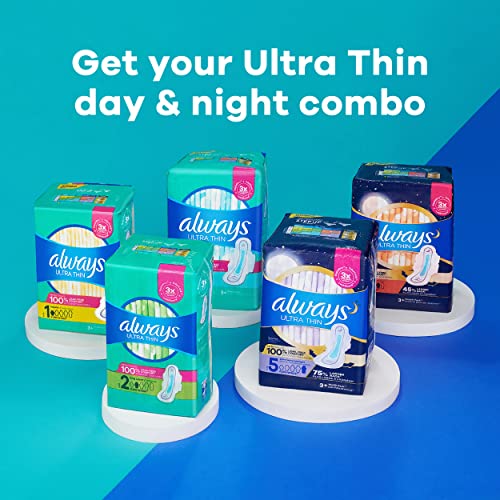 Always Ultra Thin Feminine Pads For Women, Size 5 Extra Heavy Overnight Absorbency, With Wings, Unscented, 24 Count