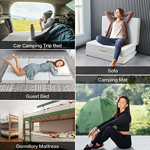 Bejibear Folding Mattress, Upgraded Memory Foam Tri-fold Mattress with Ultra Soft Cover, Oeko-tex CertiPUR-US Certified Non-Slip Breathable Washable Cover, Foldable Mattress for Floor