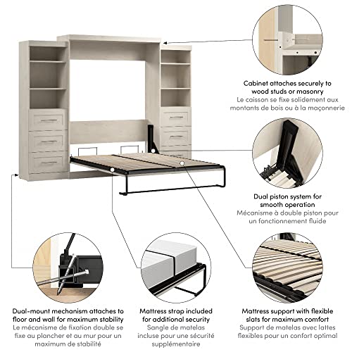 Bestar Pur Queen Murphy Bed and 2 Shelving Units with Drawers, 115-inch Space-Saving Sleeping Arrangement in Linen White Oak