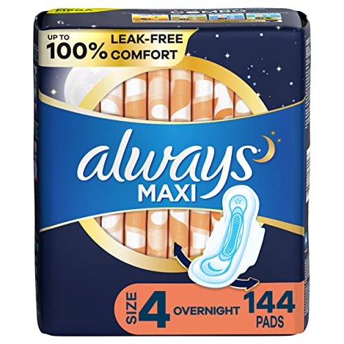 Always Maxi Feminine Pads For Women, Size 4 Overnight Absorbency, Multipack, With Wings, Unscented, 48 Count x 3 Packs (144 Count total)