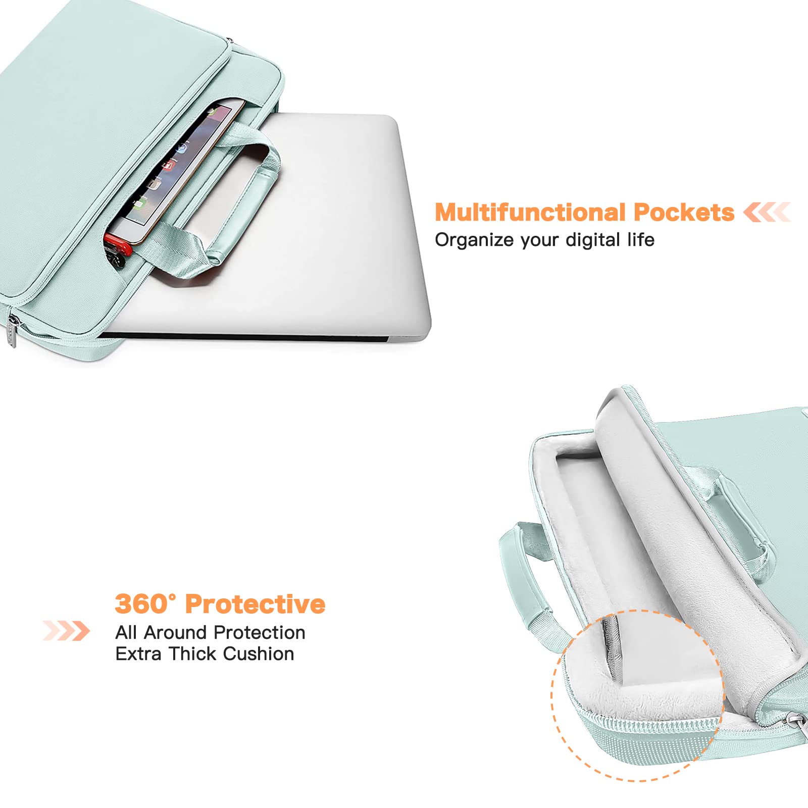 MOSISO 360 Protective Laptop Shoulder Bag Compatible with MacBook Air/Pro, 13-13.3 inch Notebook, Compatible with MacBook Pro 14 inch M3 M2 M1 2023-2021,Matching Color Sleeve with Belt, Mint Green