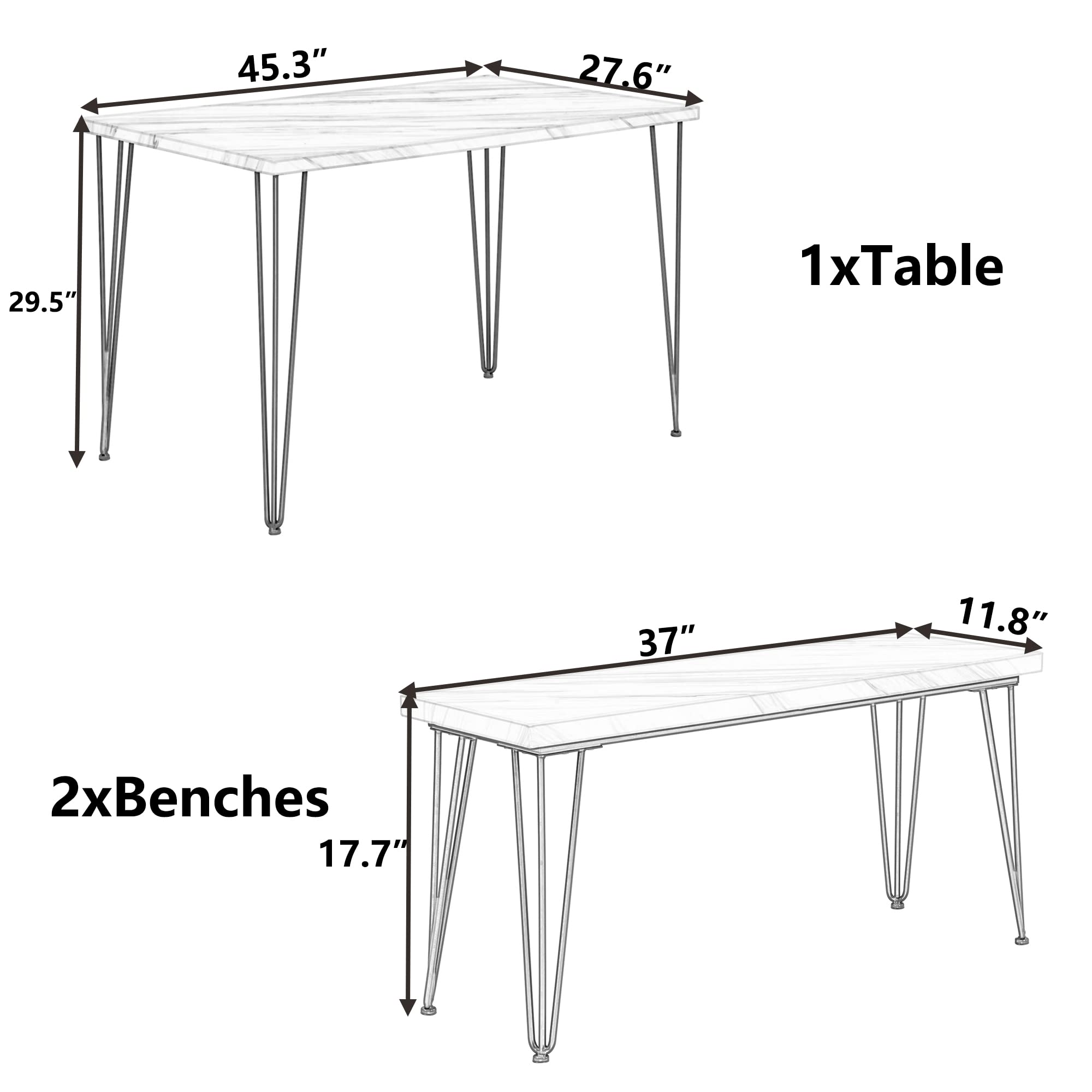 LIADTOP, 3-Piece Kitchen Sets,Rustic Farmhouse Faux Marble Dining 2, Thick Table/Bench Top with Iron Frame for 4,White+Gold