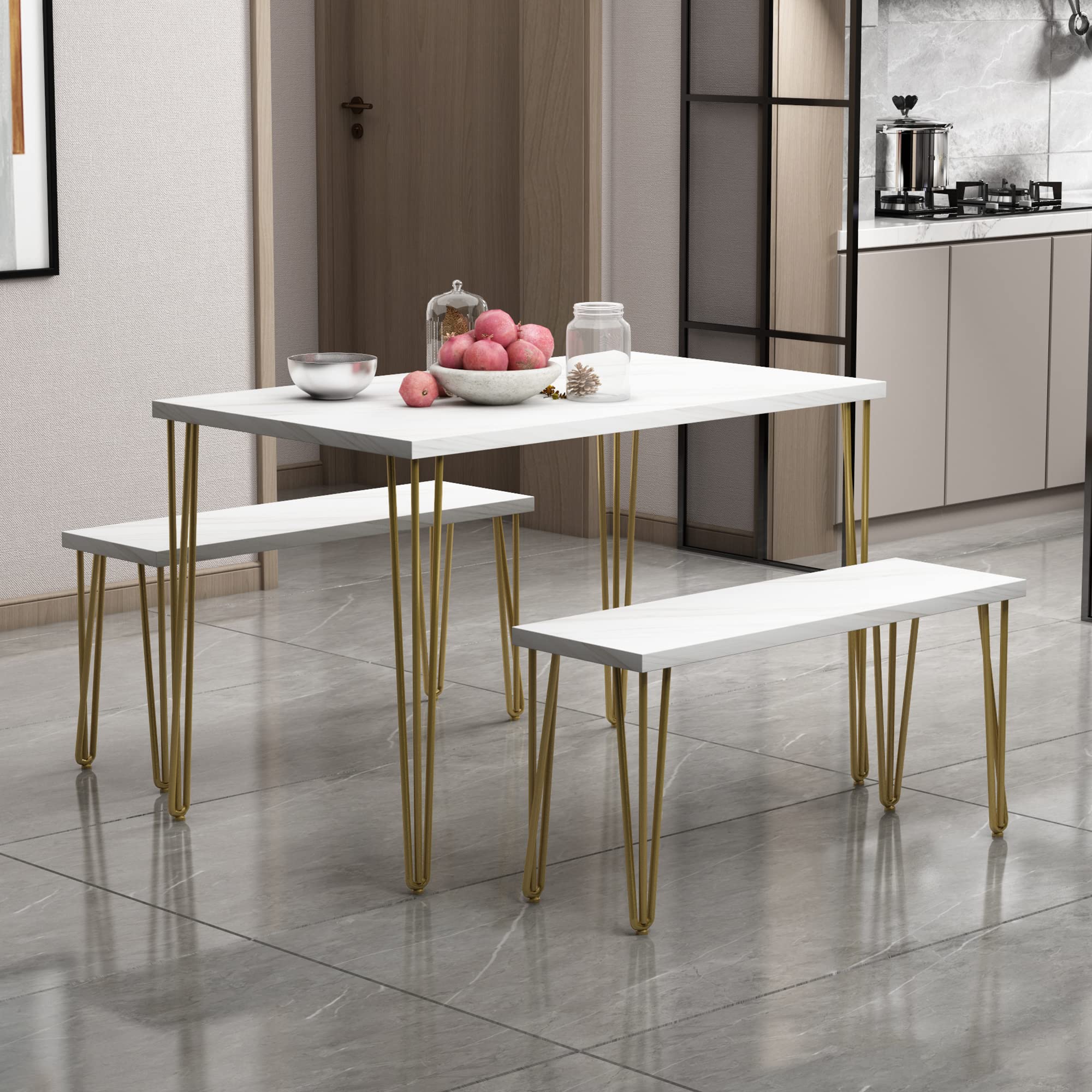 LIADTOP, 3-Piece Kitchen Sets,Rustic Farmhouse Faux Marble Dining 2, Thick Table/Bench Top with Iron Frame for 4,White+Gold