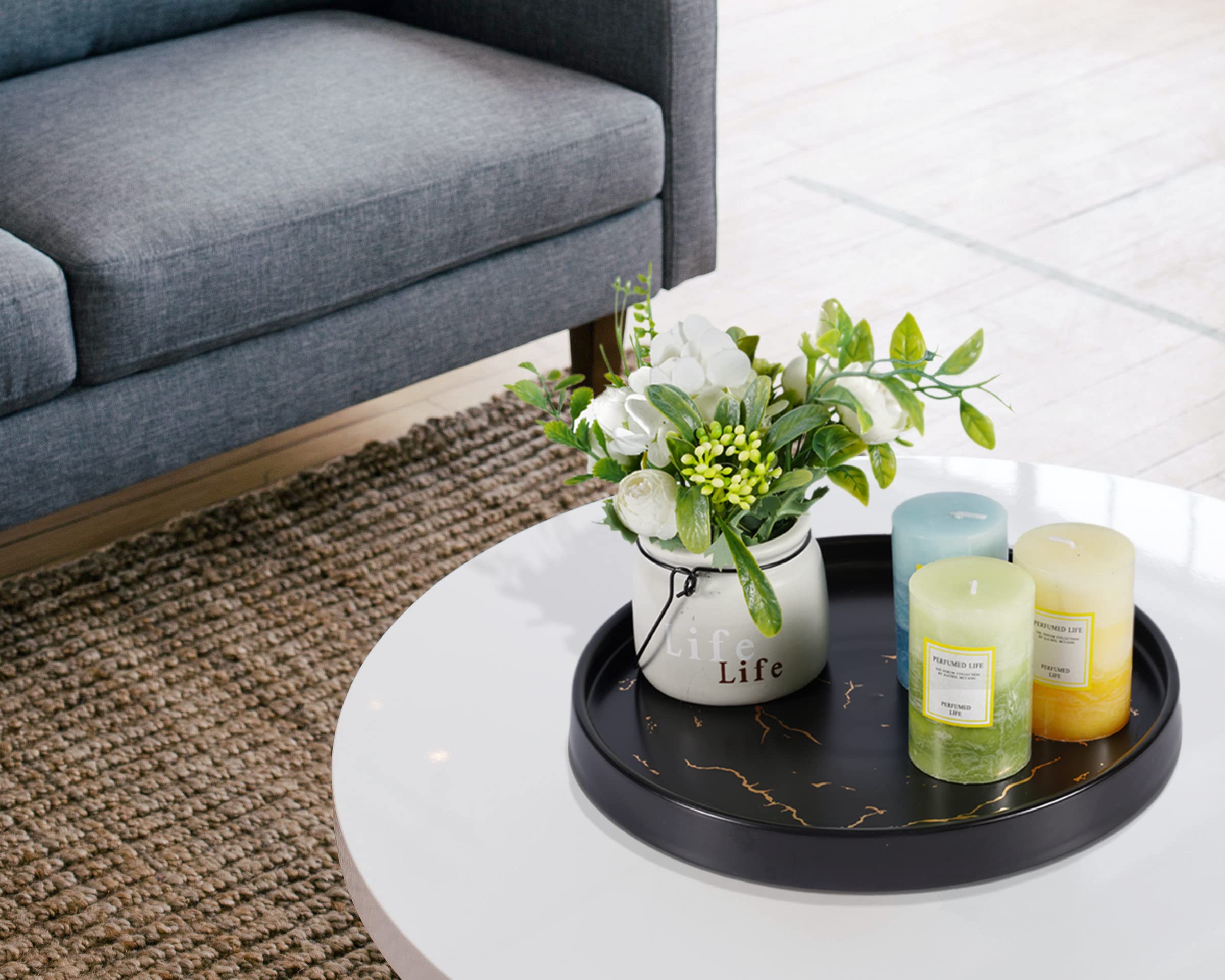 Decorative Ceramic Serving Tray for Coffee Table & Dining Table Centerpiece, 10'' Round Candle Holder Tray, Bathroom Kitchen Trays for Counter, Black & Marble Finish