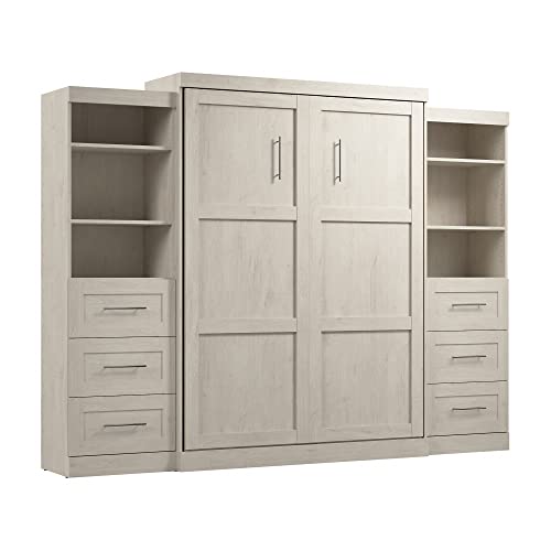 Bestar Pur Queen Murphy Bed and 2 Shelving Units with Drawers, 115-inch Space-Saving Sleeping Arrangement in Linen White Oak