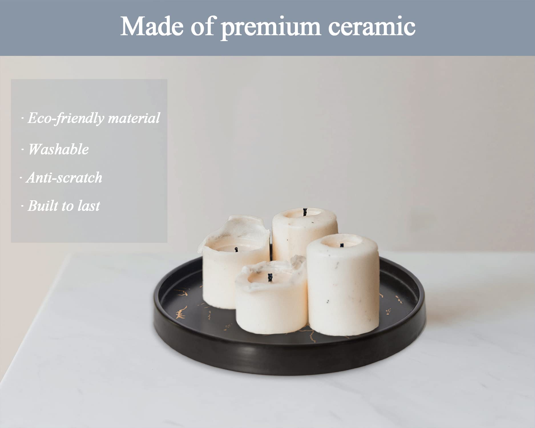 Decorative Ceramic Serving Tray for Coffee Table & Dining Table Centerpiece, 10'' Round Candle Holder Tray, Bathroom Kitchen Trays for Counter, Black & Marble Finish