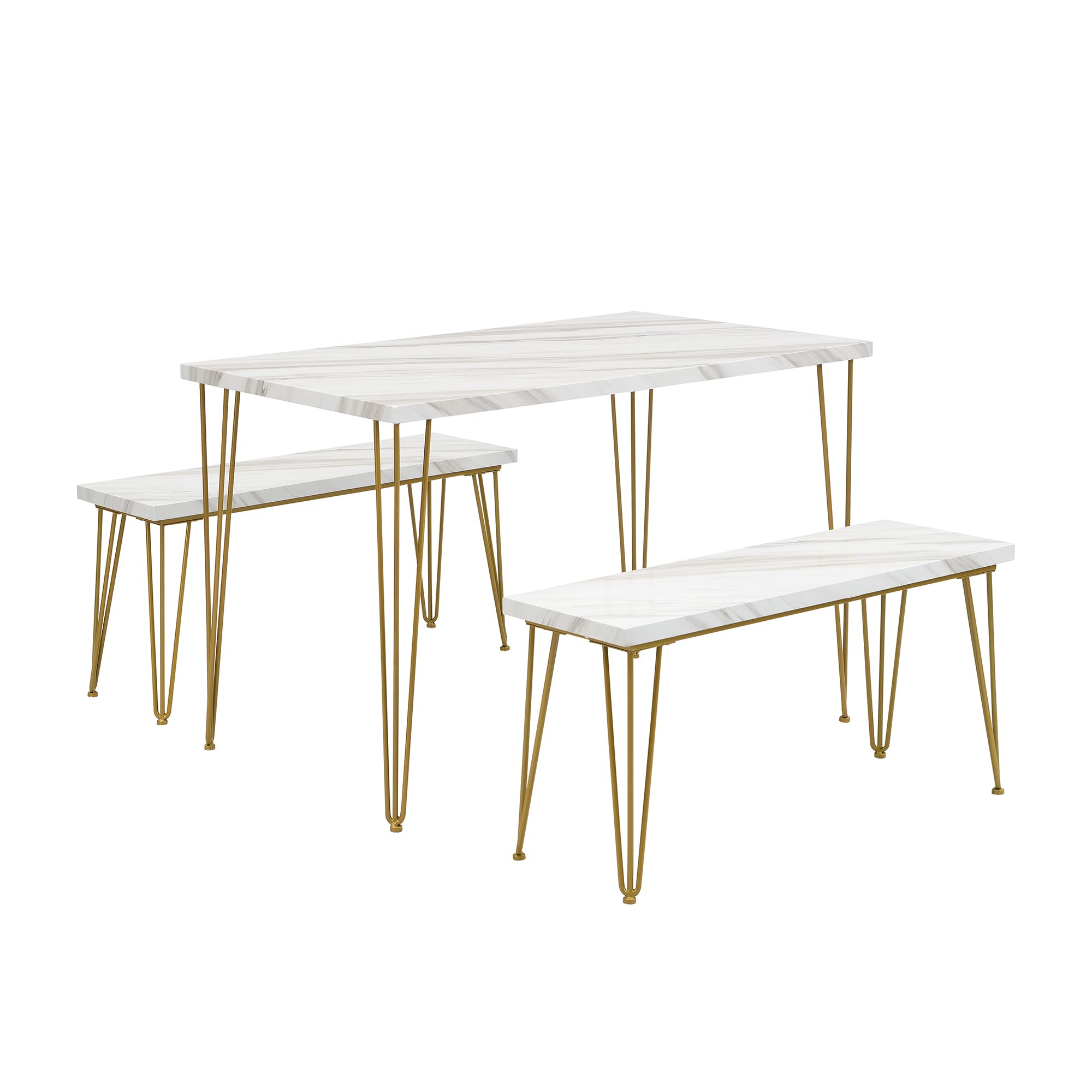 LIADTOP, 3-Piece Kitchen Sets,Rustic Farmhouse Faux Marble Dining 2, Thick Table/Bench Top with Iron Frame for 4,White+Gold