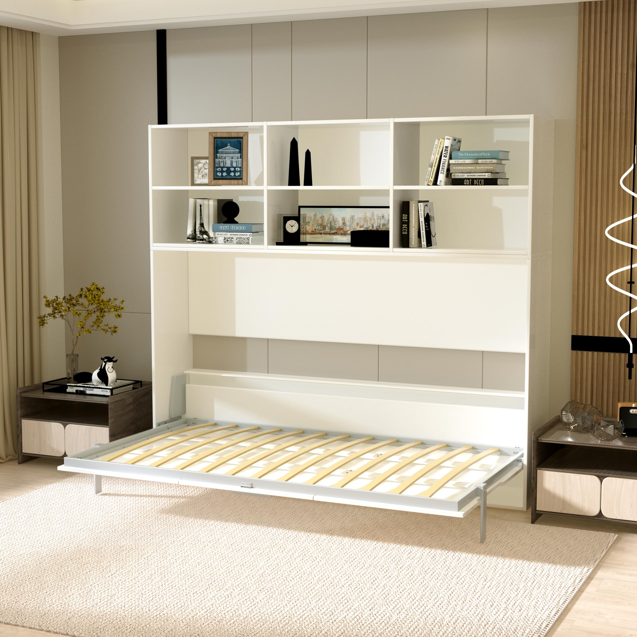 Eafurn Mordern Design Twin Size Horizontal Murphy Bed with Storage Shelves for Bedroom or Guestroom White Wall Bed Space Saving Hidden Bed Gas Struts