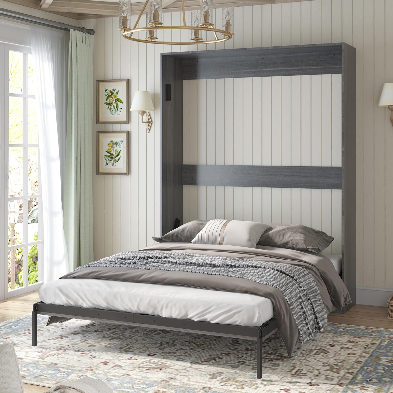 Mjkone Large Murphy Bed with 2 Side Cabinet, Folding Guest Wall Bed (Dark Grey