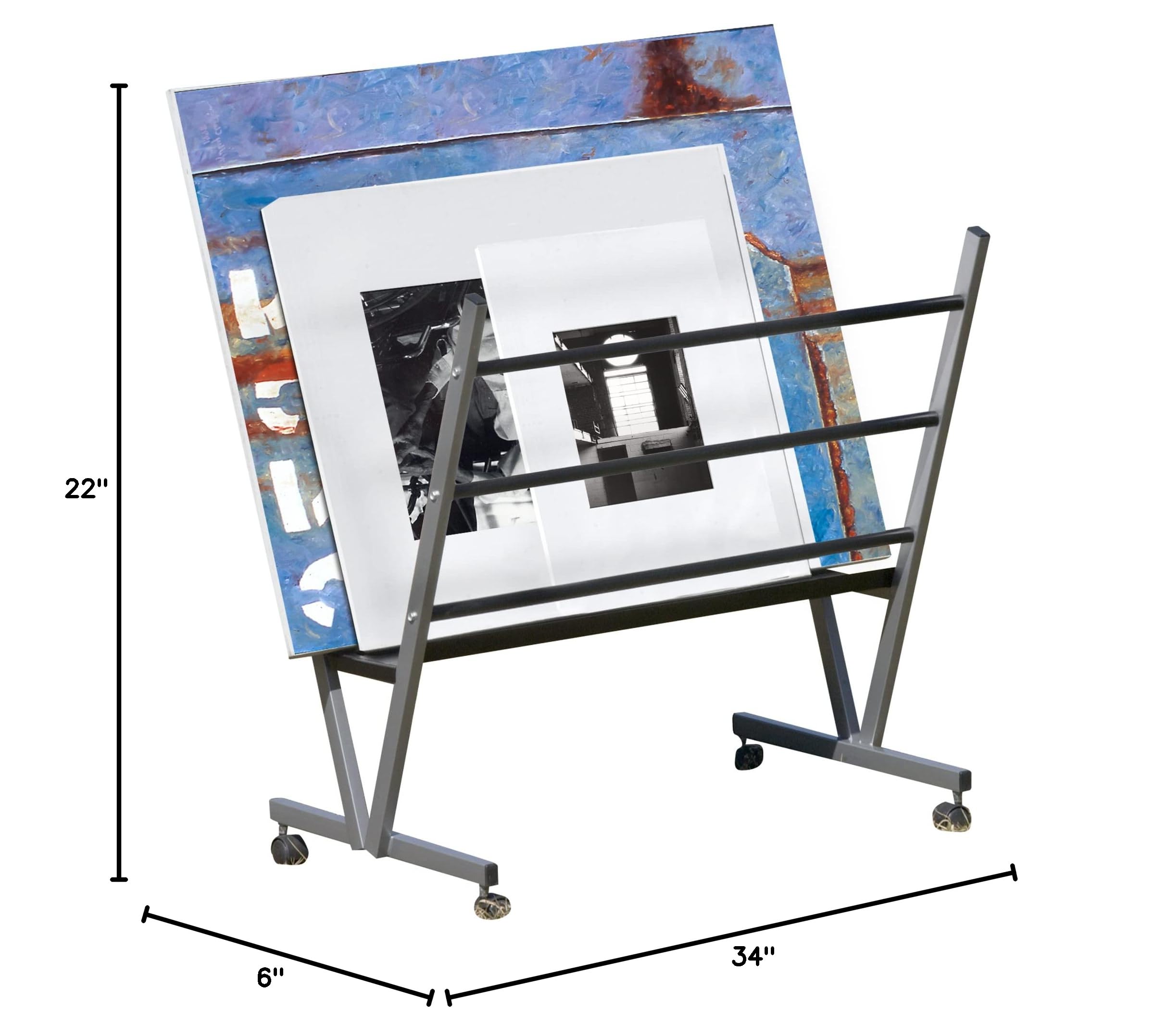 Art Expo Metal Art Professional Print Rack, Holds Posters, Prints, Canvas Art for Shows & Storage, Mobile with Rolling Casters Size 22"Hx34"Wx6"D