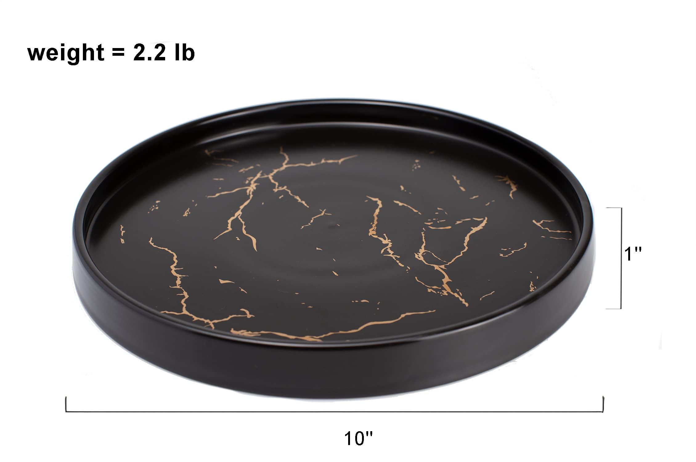 Decorative Ceramic Serving Tray for Coffee Table & Dining Table Centerpiece, 10'' Round Candle Holder Tray, Bathroom Kitchen Trays for Counter, Black & Marble Finish