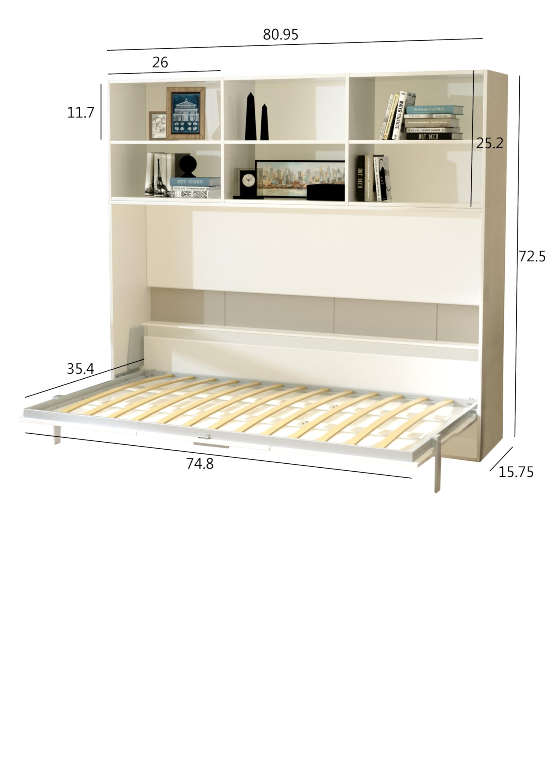 Eafurn Mordern Design Twin Size Horizontal Murphy Bed with Storage Shelves for Bedroom or Guestroom White Wall Bed Space Saving Hidden Bed Gas Struts