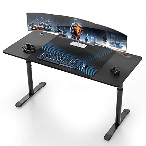 It's_Organized Gaming Desk 60 Inch Large Manual Height Adjustable Black Gaming Computer Desk, Home Office Standing Table Long Computer Sturdy Executive Workstation for 3 Monitors with Free Mouse Pad
