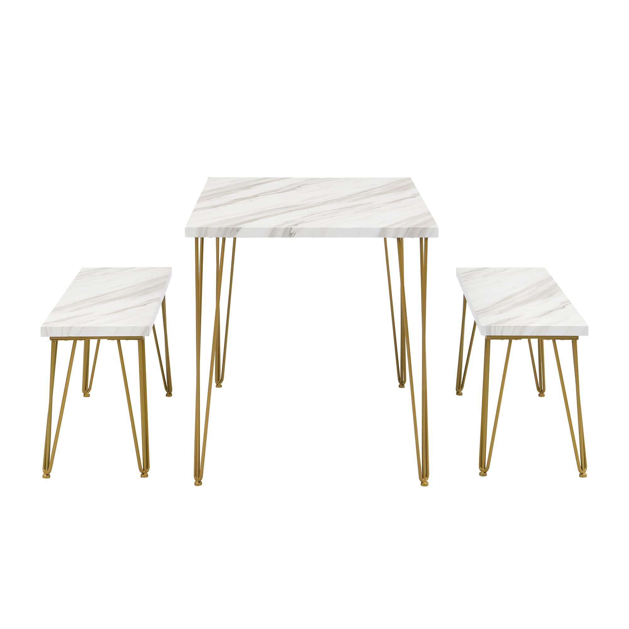 LIADTOP, 3-Piece Kitchen Sets,Rustic Farmhouse Faux Marble Dining 2, Thick Table/Bench Top with Iron Frame for 4,White+Gold