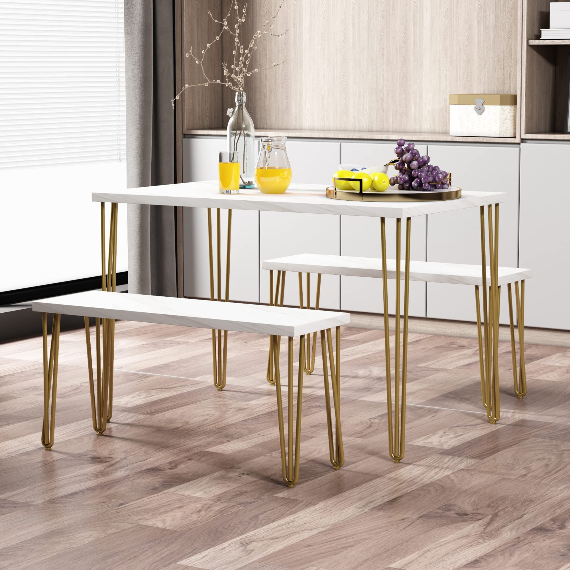 LIADTOP, 3-Piece Kitchen Sets,Rustic Farmhouse Faux Marble Dining 2, Thick Table/Bench Top with Iron Frame for 4,White+Gold