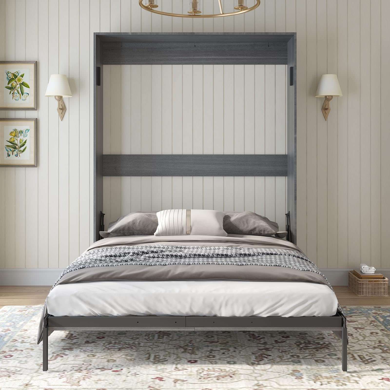 Mjkone Large Murphy Bed with 2 Side Cabinet, Folding Guest Wall Bed (Dark Grey
