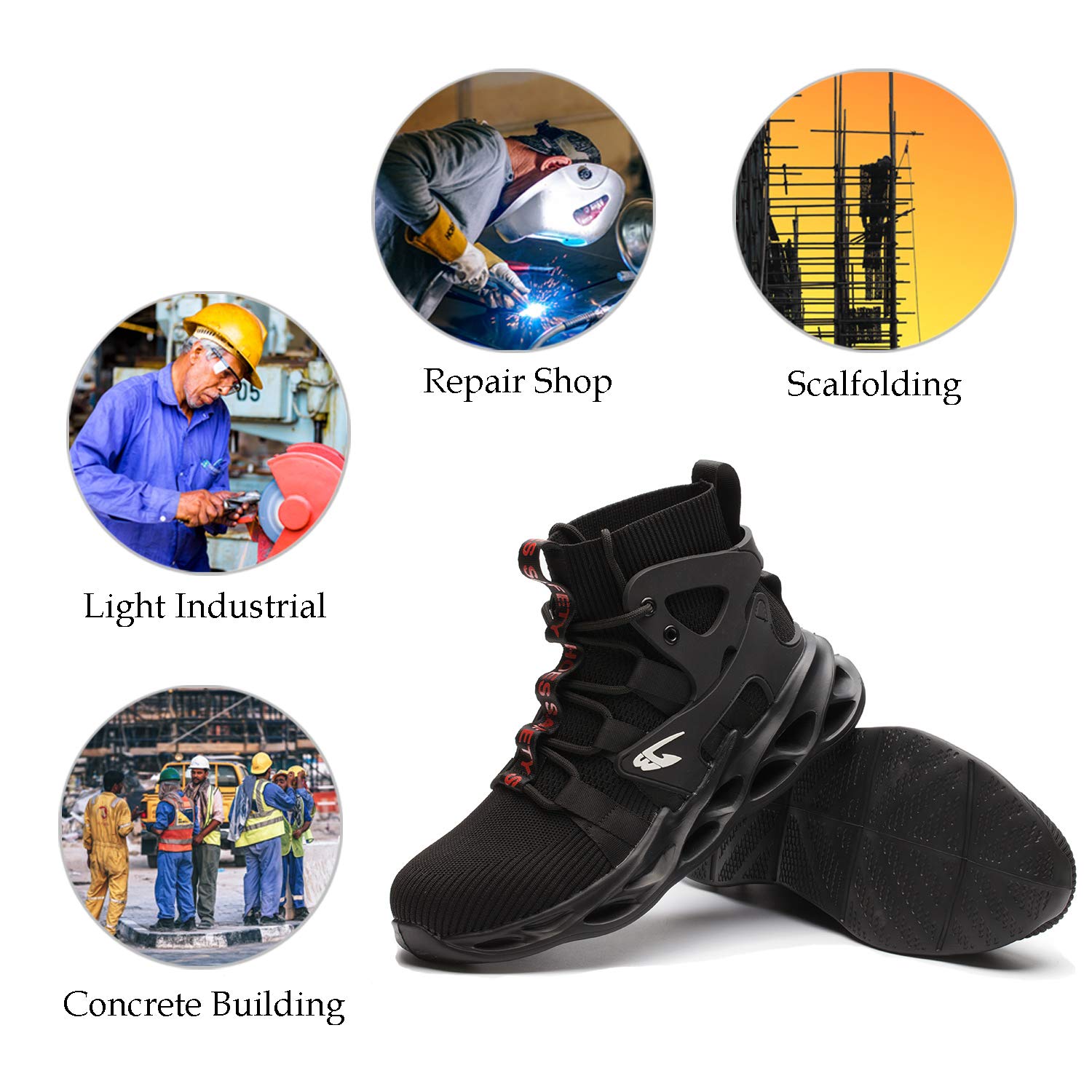 ORISTACO Work Safety Steel Toe Boots, Lightweight Breathable Industrial Construction Boots, High Cut 799 Black 45