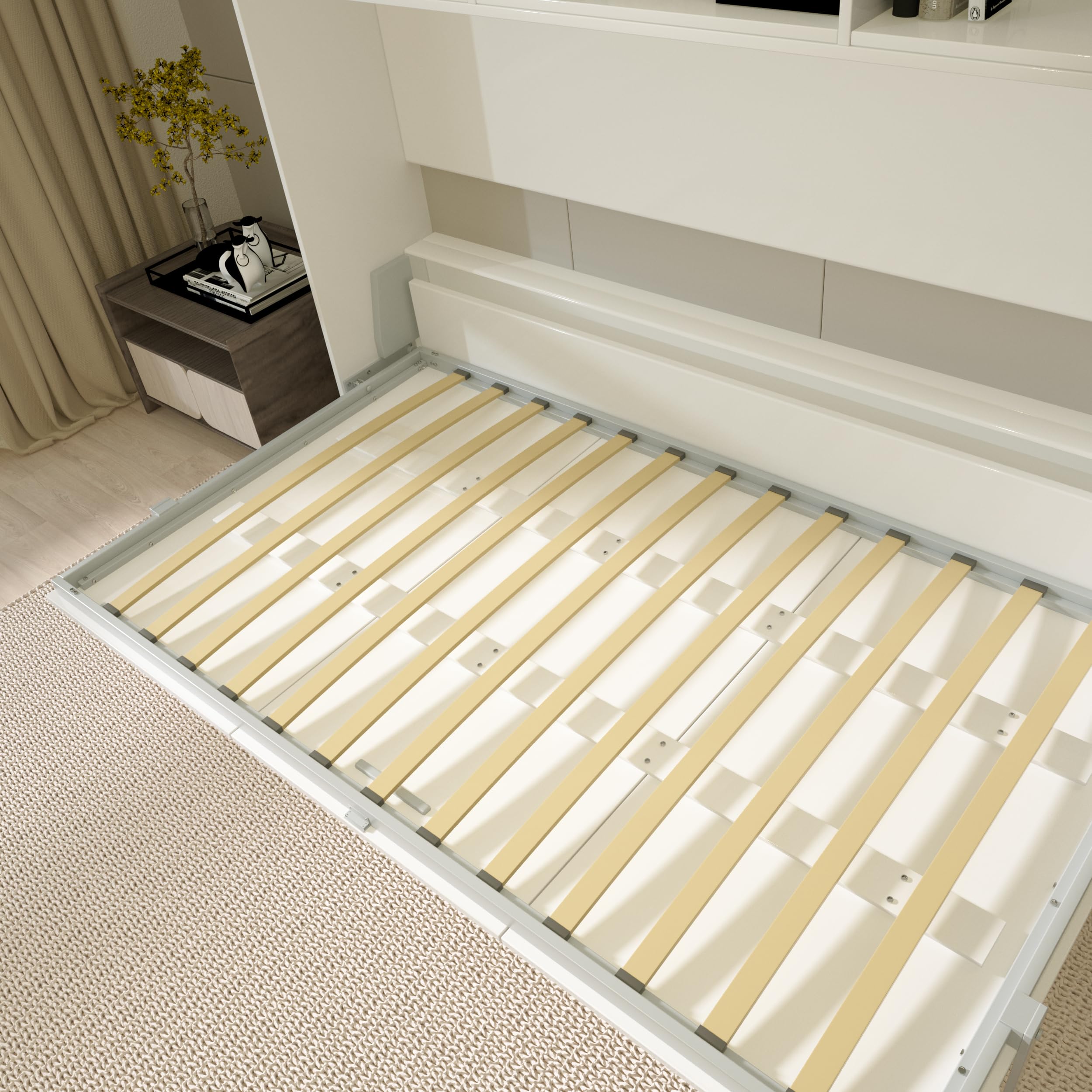 Eafurn Mordern Design Twin Size Horizontal Murphy Bed with Storage Shelves for Bedroom or Guestroom White Wall Bed Space Saving Hidden Bed Gas Struts