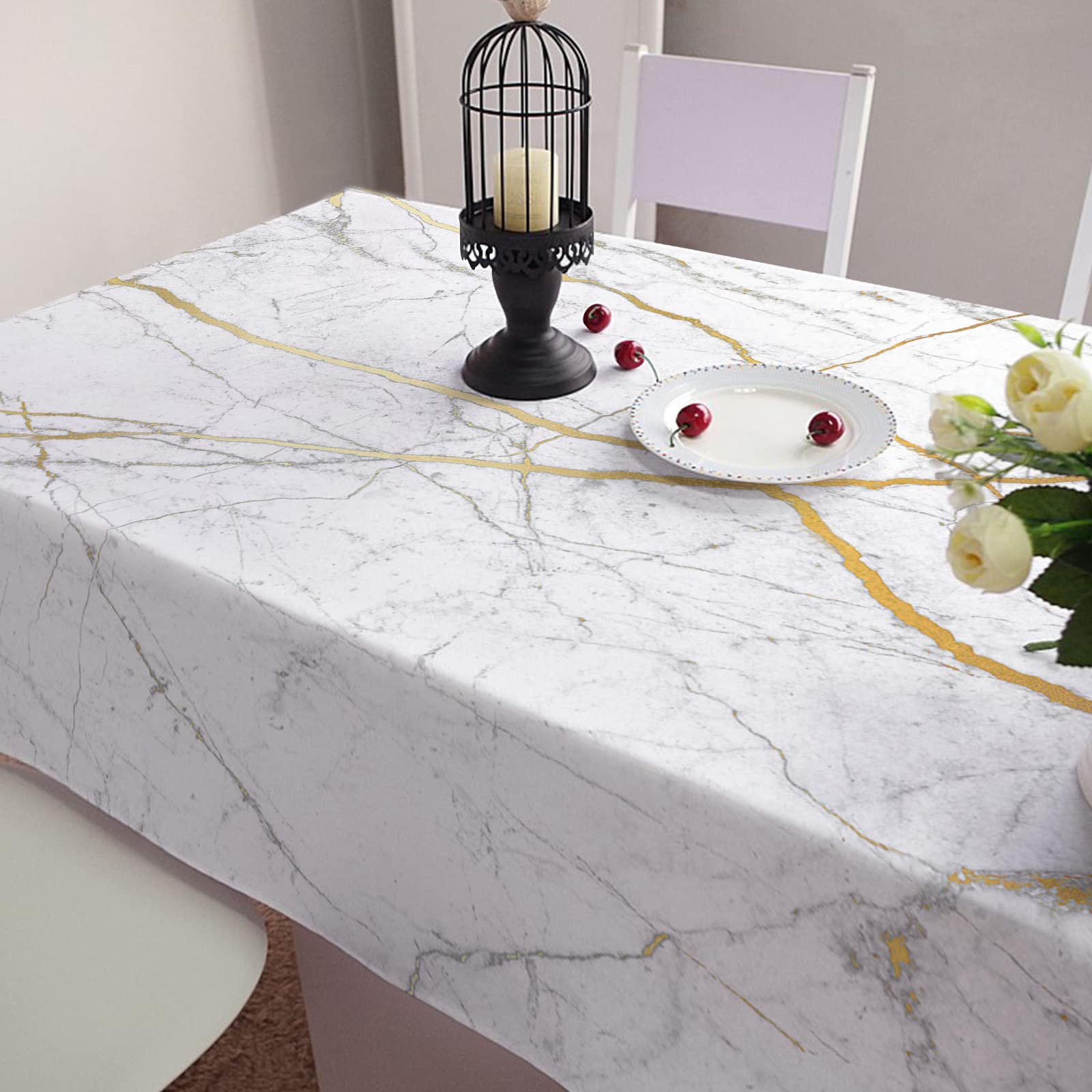 LBCASA Marble Tablecloth Waterproof Tablecloths, Gray Gold White Marble Table Cloth Dining Table Cover Cloth for Kitchen Party Outdoor Tabletop Decor, Rectangle Tablecloth 52x70 Inch
