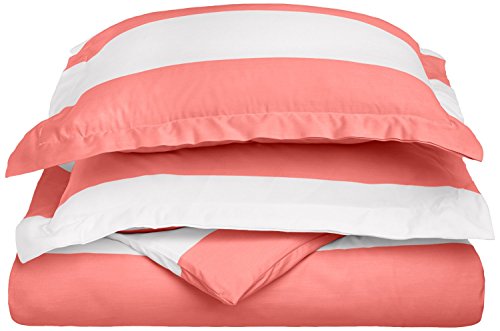 Cabana Stripe Kids Wrinkle Resistant Cotton Blend 600 Thread Count Full/Queen 3-Piece Duvet Cover Set, Pink