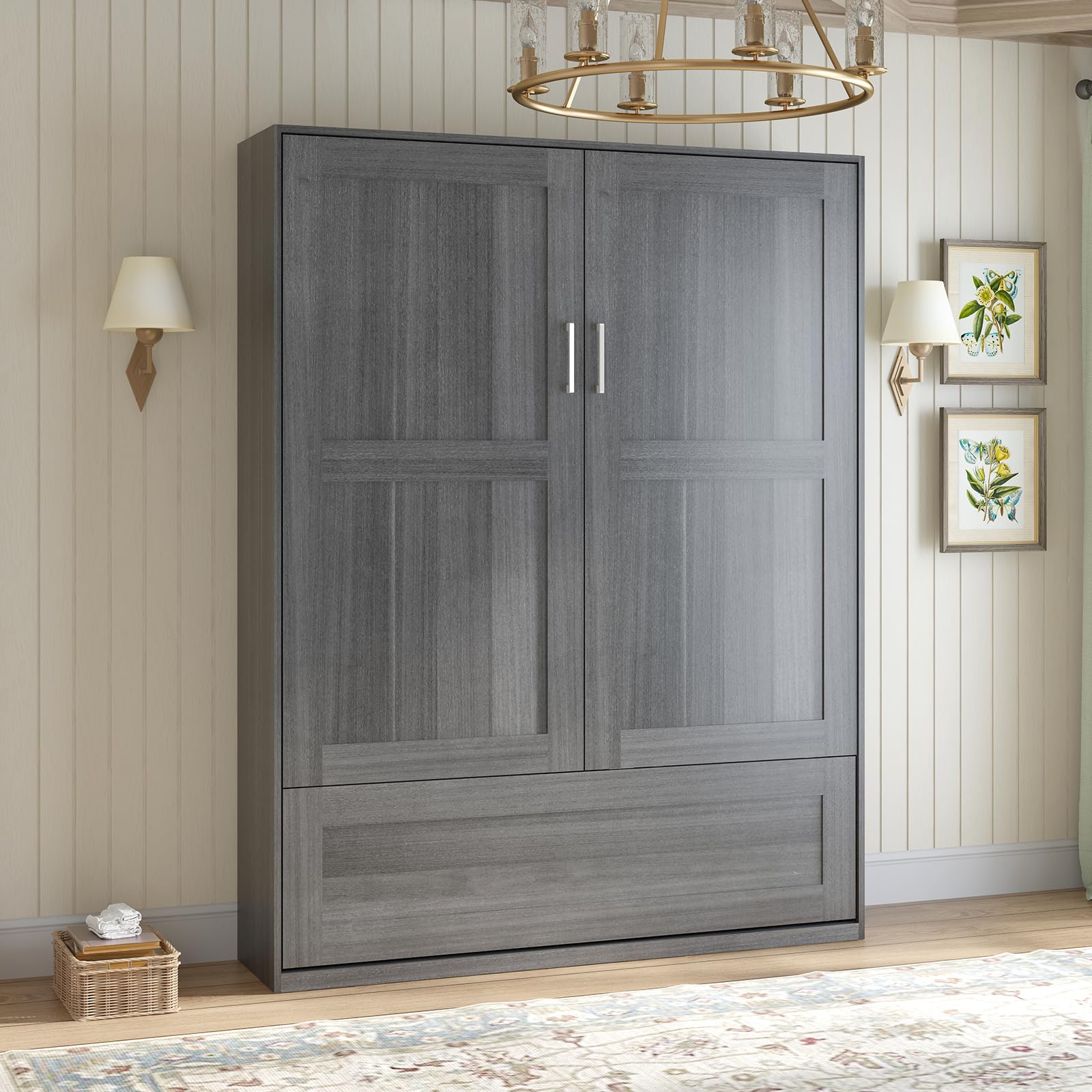 Mjkone Large Murphy Bed with 2 Side Cabinet, Folding Guest Wall Bed (Dark Grey