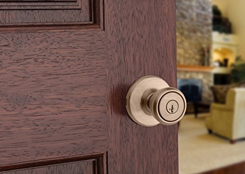Kwikset Tylo Keyed Entry Door Knob with Microban Antimicrobial Protection featuring SmartKey Security in Antique Brass (94002-854)