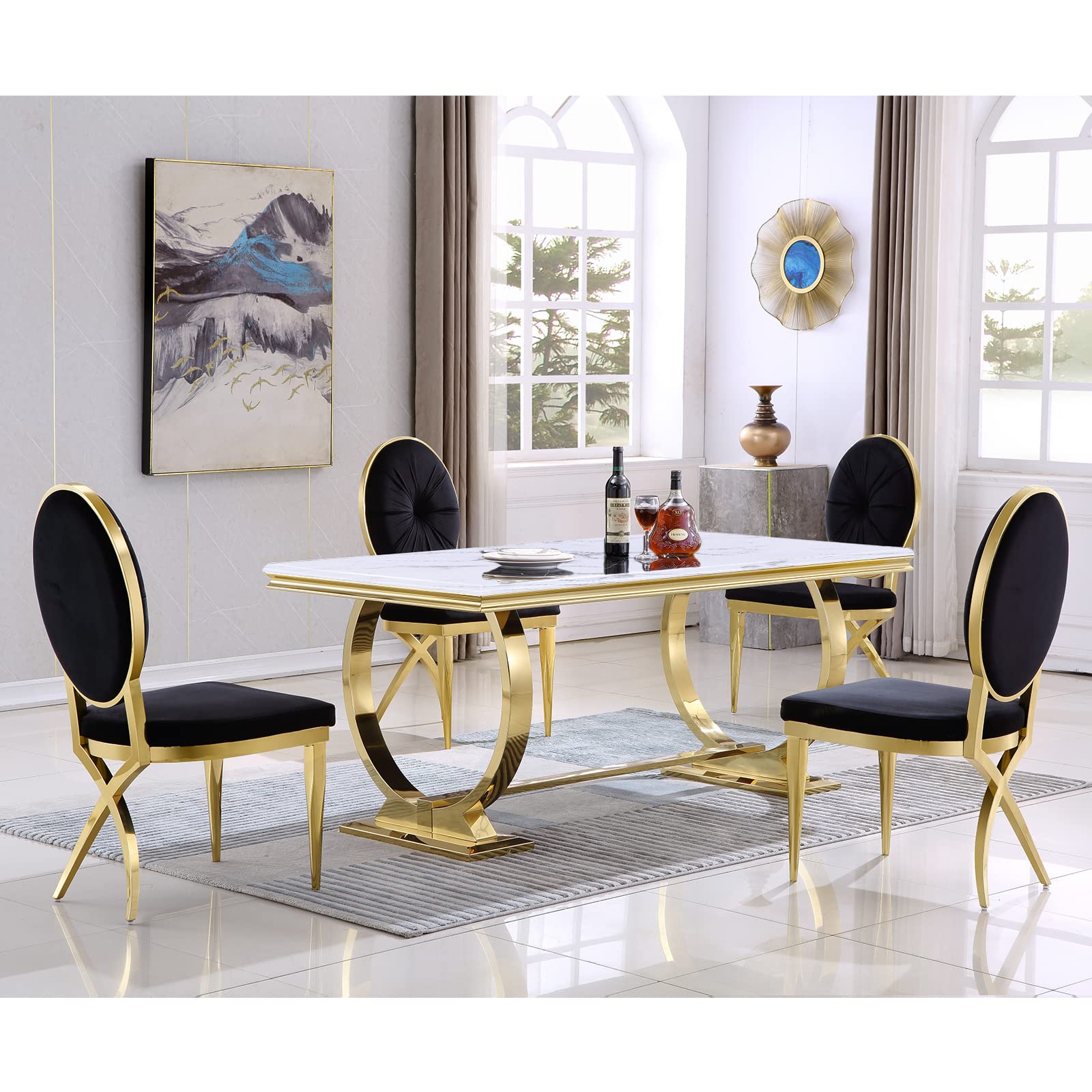 ACEDÉCOR 7 Pieces Dining Set for 6, Modern Dining Room Table with Gold U-Base White Dining Table, Black Velvet Upholstered Dining Chairs (White Dining Table+6 Black Dining Chairs)
