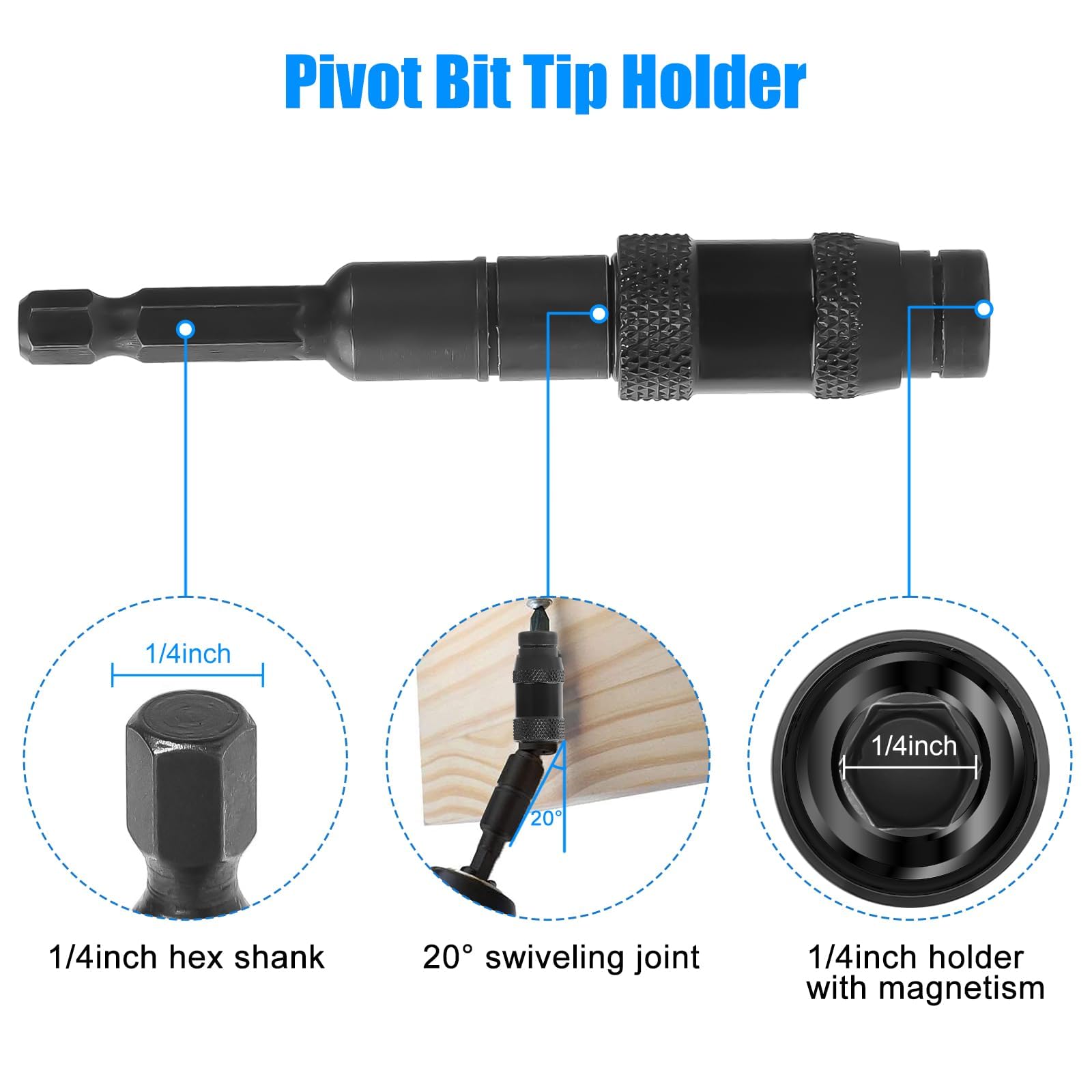 SUNJOYCO 3PCS 1/4" Magnetic Pivot Drill Bit Tip Holder, 105° Right Angle Drill Adapter Extension Impact Driver Bendable in 20° Angle for Corner