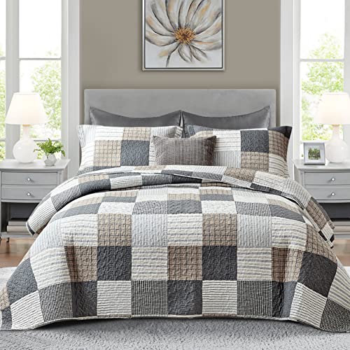 Finlonte Quilts Queen Size, 100% Cotton Lightweight Bedspread, Grey Brown White Plaid Patchwork Soft Reversible Queen Quilt Set for Bed All Season, 3-Pieces