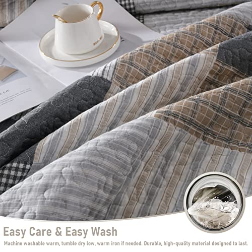 Finlonte Quilts Queen Size, 100% Cotton Lightweight Bedspread, Grey Brown White Plaid Patchwork Soft Reversible Queen Quilt Set for Bed All Season, 3-Pieces