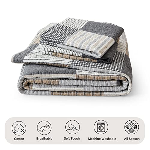 Finlonte Quilts Queen Size, 100% Cotton Lightweight Bedspread, Grey Brown White Plaid Patchwork Soft Reversible Queen Quilt Set for Bed All Season, 3-Pieces