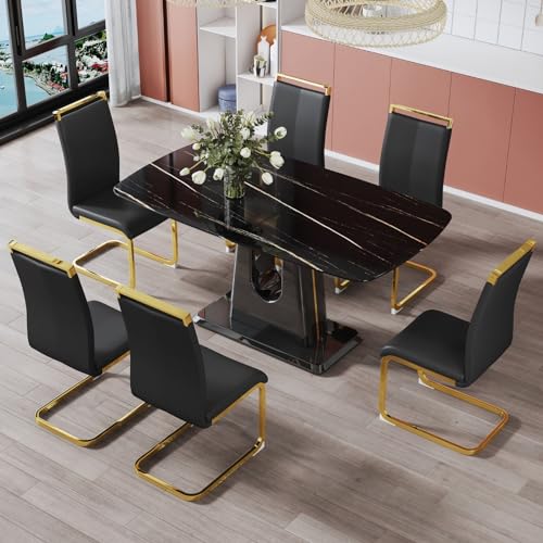 Xshelley 63" Faux Marble Dining Table Set for 6, 7 Piece Dining Table Set with 1 Faux Marble Dining Table and 6 Upholstered Dining Chairs for Kitchen Dining Room (Black-A, 7 Piece Dining Taboe Set)