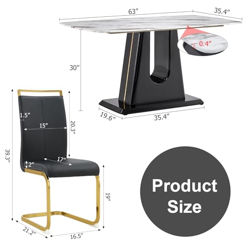 Xshelley 63" Faux Marble Dining Table Set for 6, 7 Piece Dining Table Set with 1 Faux Marble Dining Table and 6 Upholstered Dining Chairs for Kitchen Dining Room (Black-A, 7 Piece Dining Taboe Set)